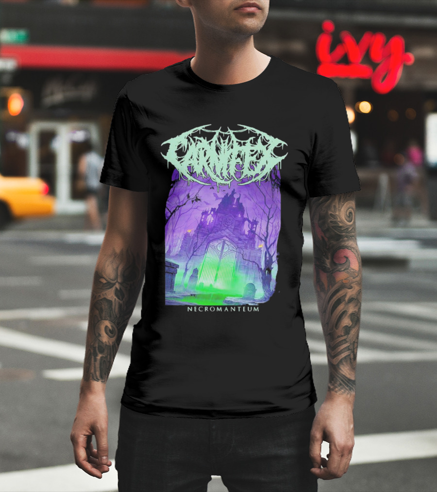 Carnifex Necromanteum Haunted Gothic Castle With Glowing Green And Purple Portal T-Shirt