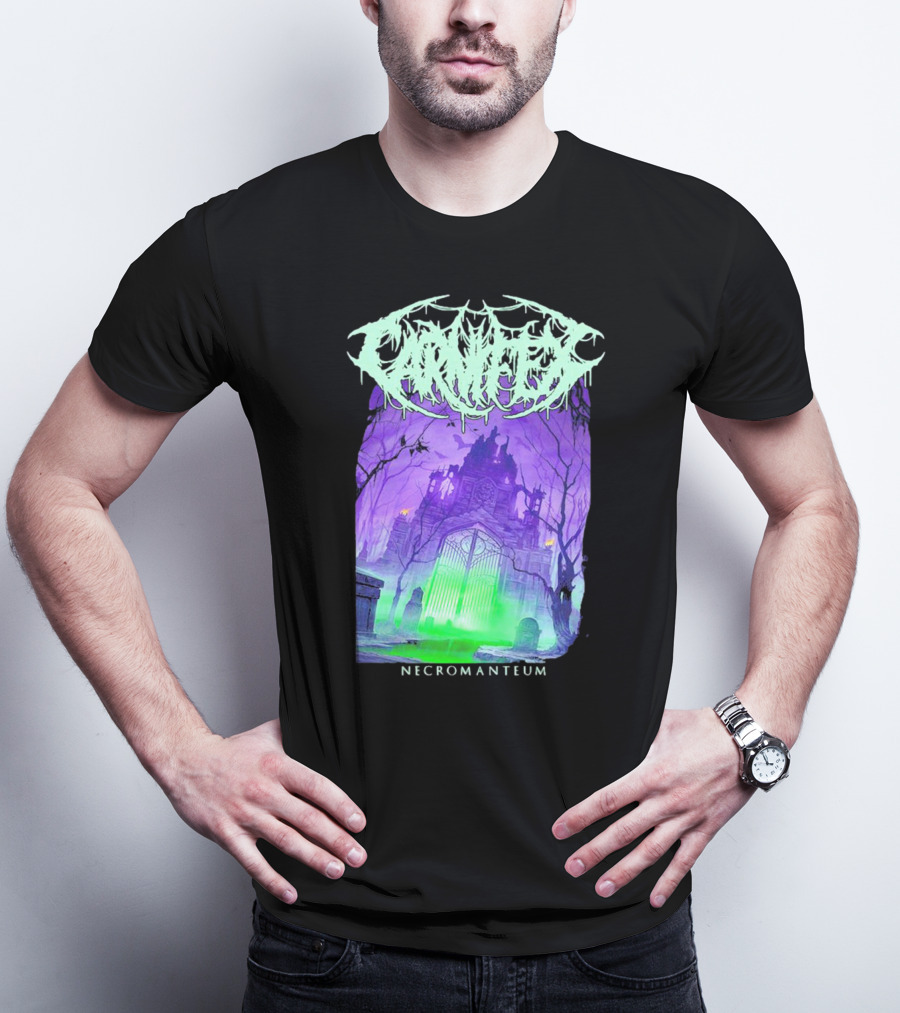 Carnifex Necromanteum Haunted Gothic Castle With Glowing Green And Purple Portal T-Shirt