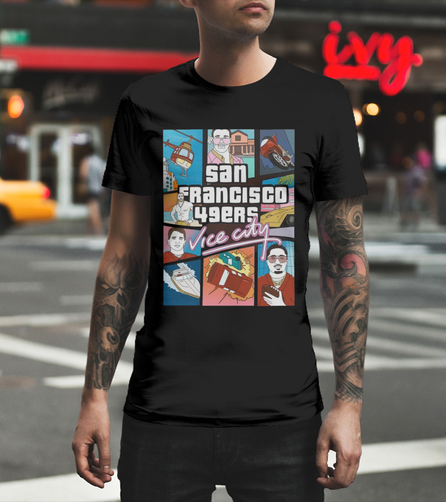San Francisco 49ers Vice City Helicopter Car Yacht Football T-Shirt