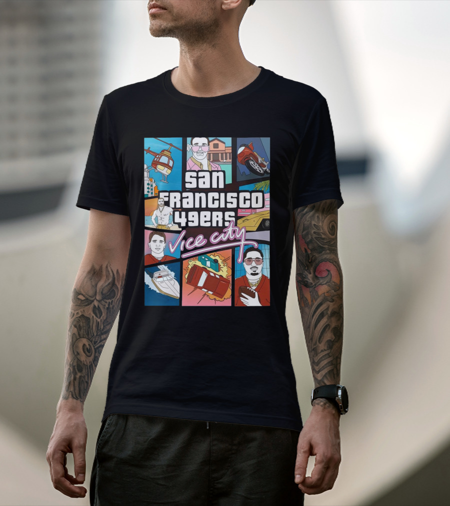 San Francisco 49ers Vice City Helicopter Car Yacht Football T-Shirt