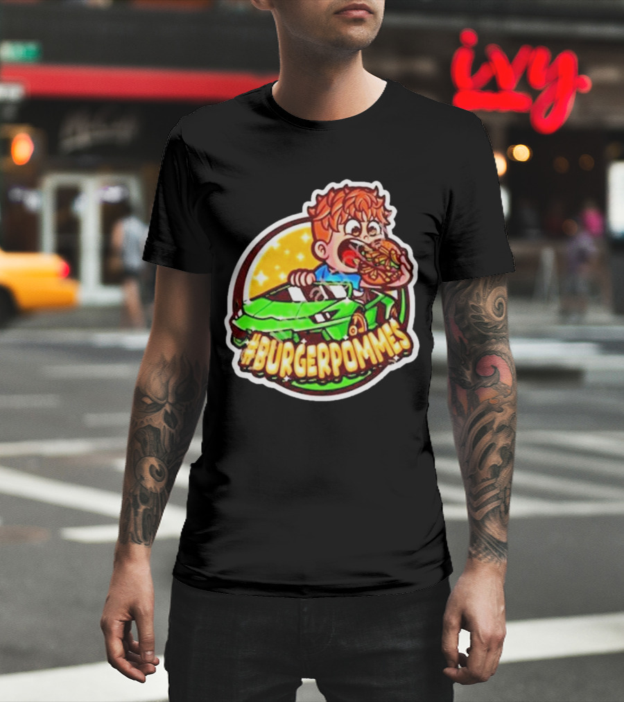 Lukas Eating Burger In Green Car #Burgerpommes T-Shirt