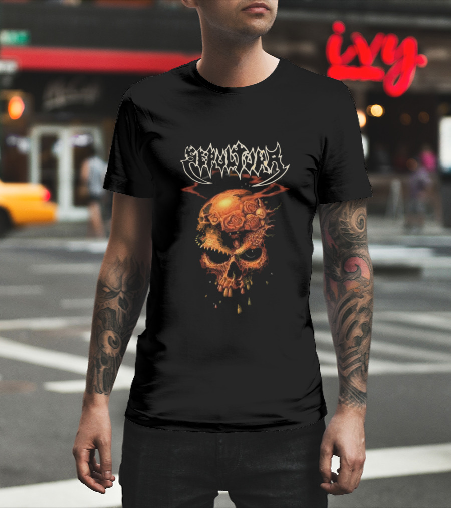 Sepultura Beneath The Remains Skull Design With Roses And Flames T-Shirt