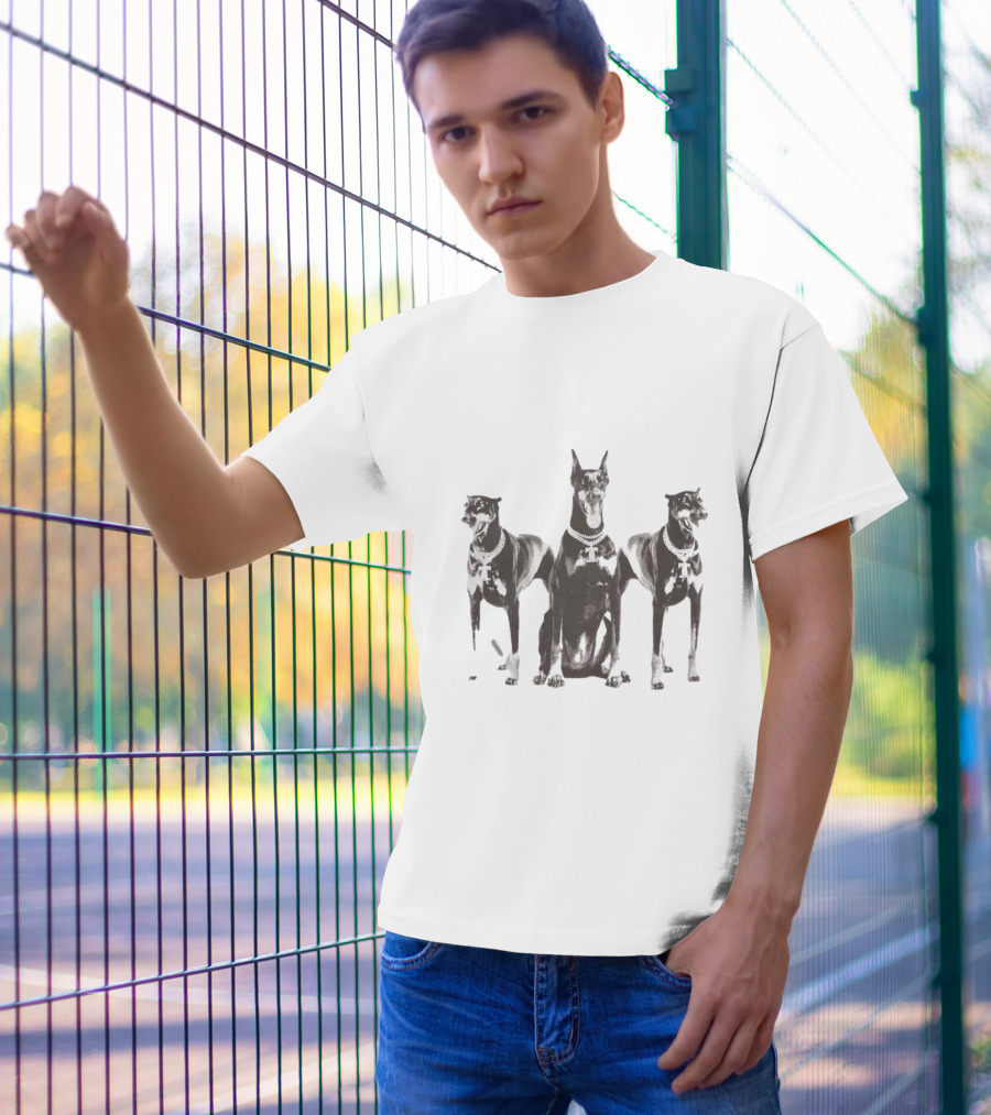 Doberman Dogs Trio In Black And White With Chain Collars T-Shirt