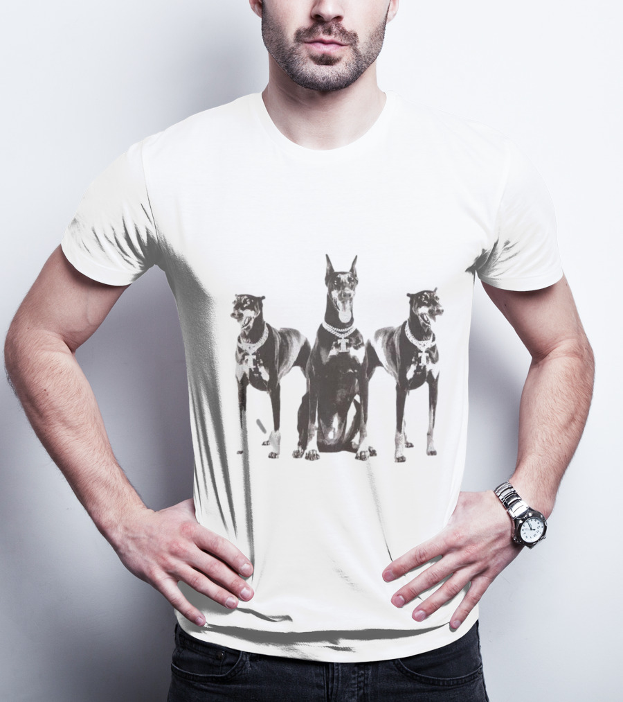 Doberman Dogs Trio In Black And White With Chain Collars T-Shirt