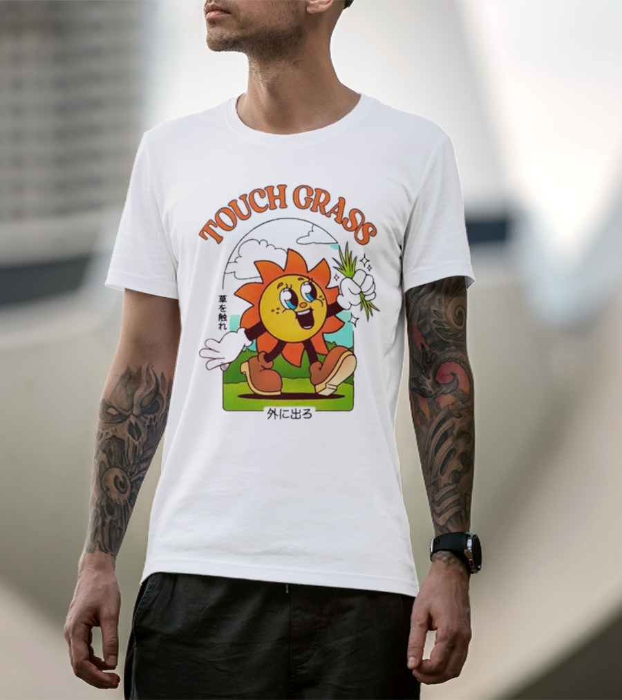 Touch Grass Retro Sun Character Outdoors Japanese Text T-Shirt