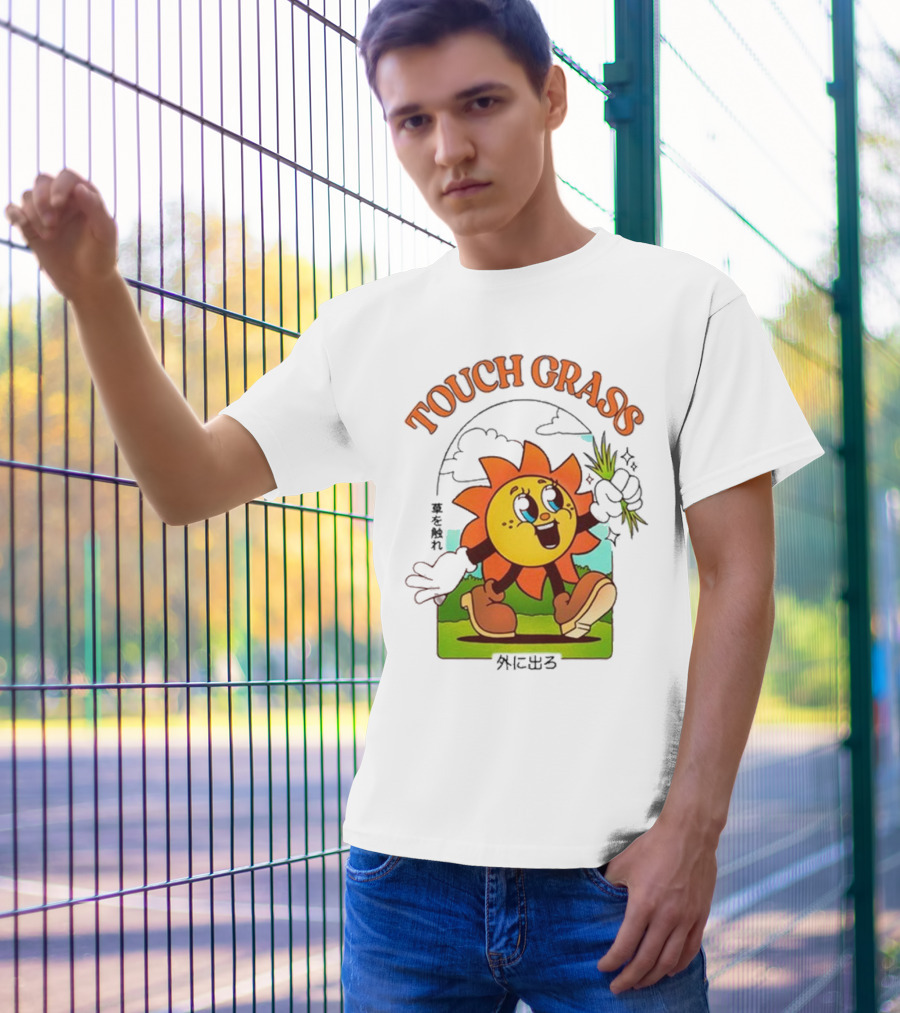 Touch Grass Retro Sun Character Outdoors Japanese Text T-Shirt
