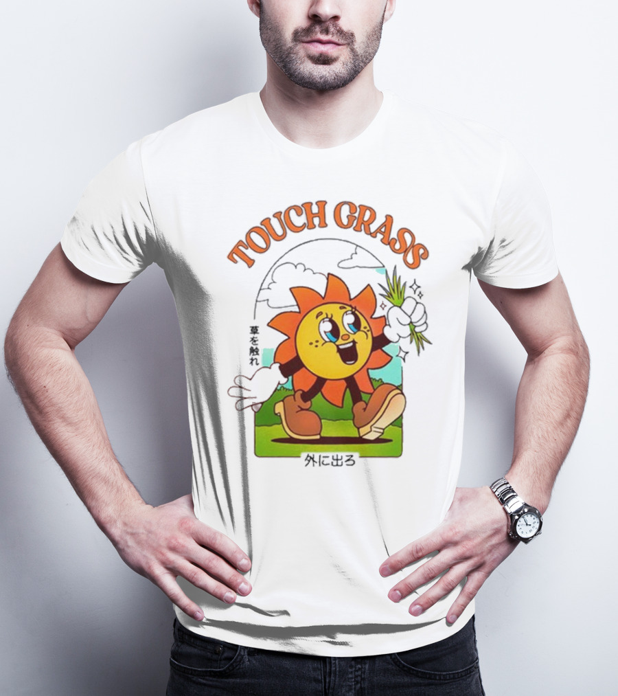 Touch Grass Retro Sun Character Outdoors Japanese Text T-Shirt