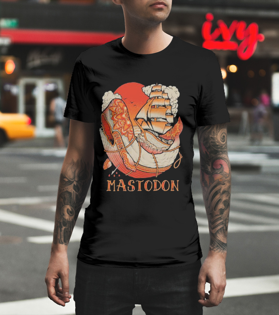 Mastodon Whale Tattoo Ship Against Red Sun T-Shirt