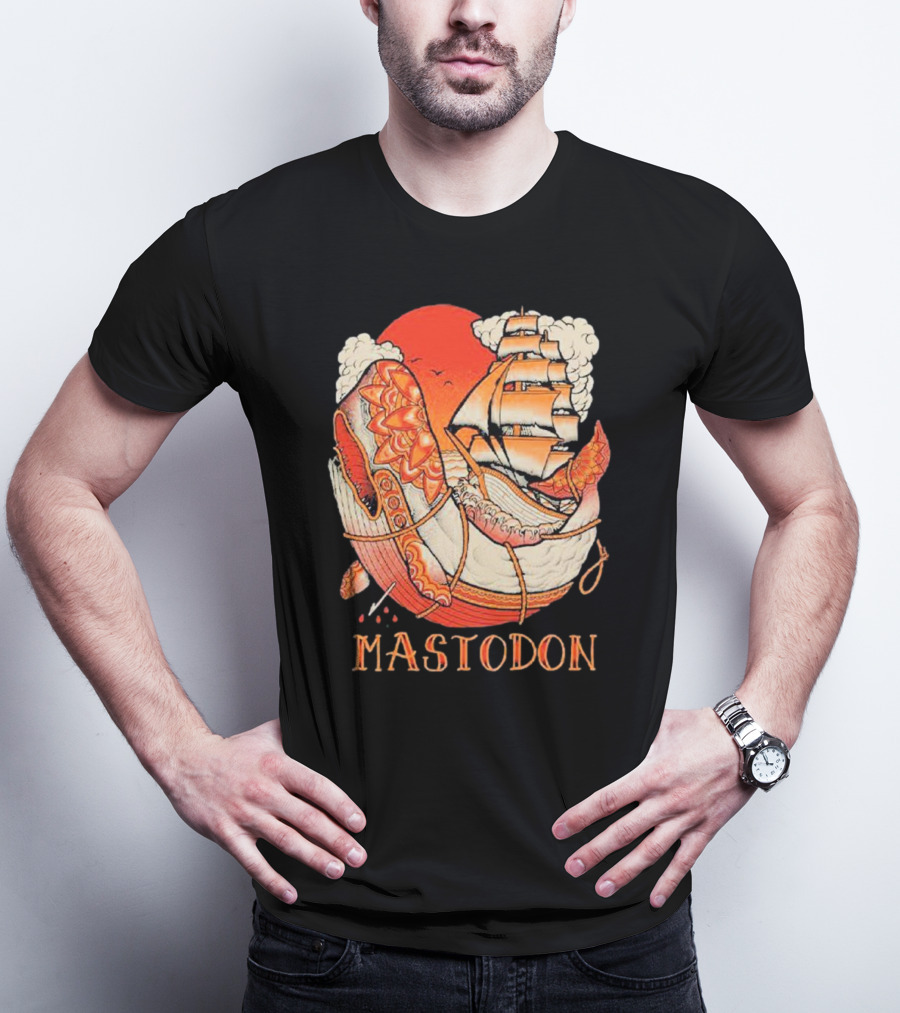 Mastodon Whale Tattoo Ship Against Red Sun T-Shirt