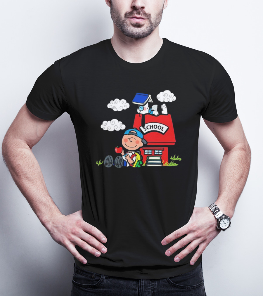 Snoopy School House With Backpack Apple And Clouds T-Shirt