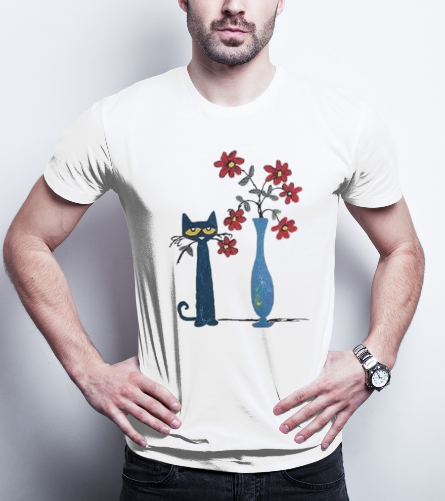 Pete The Cat And Red Flowers In Blue Vase T-Shirt