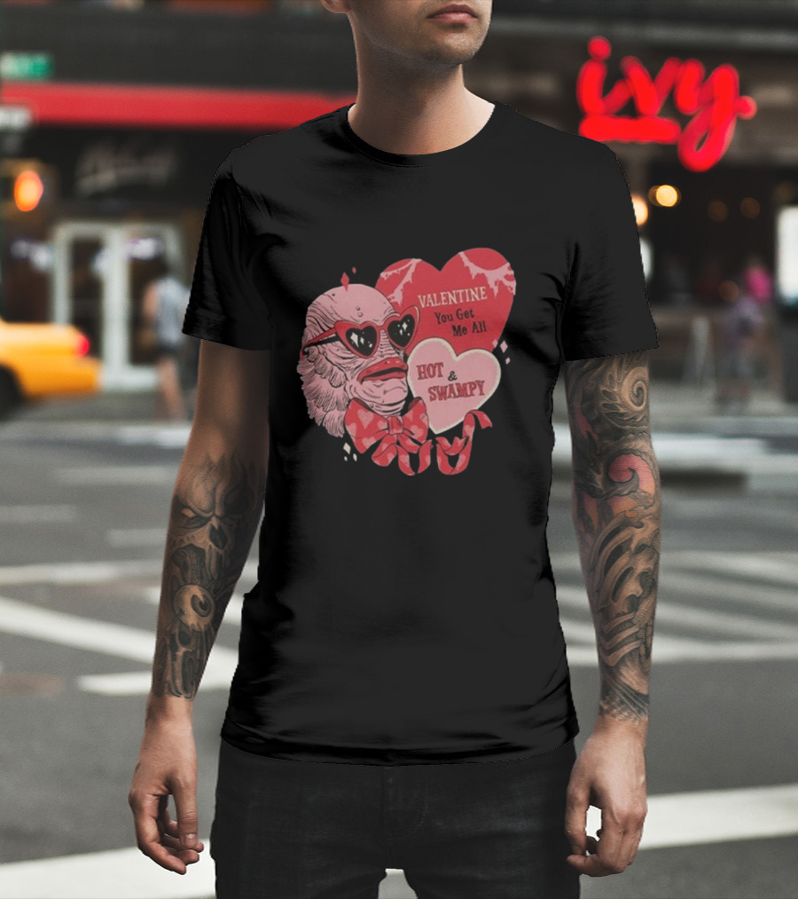 Valentine You Get Me All Hot And Swampy Creature With Heart Sunglasses And Bow Tie T-Shirt