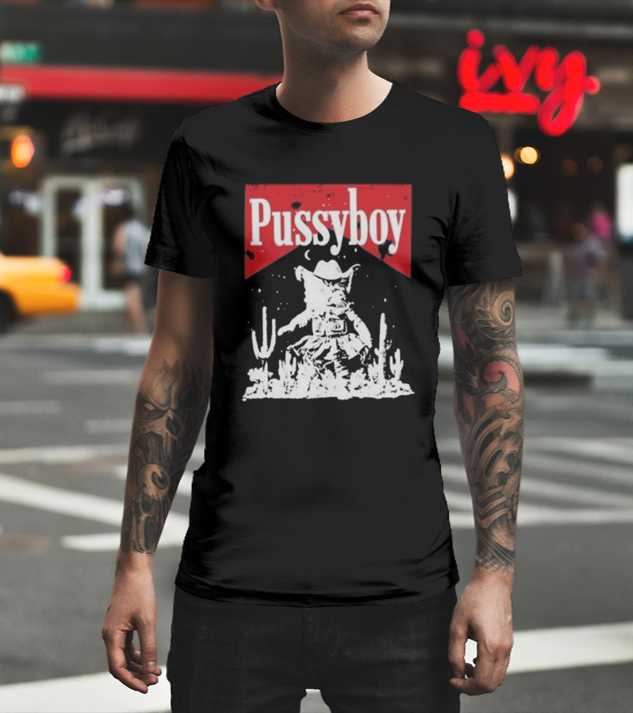 Ezramichelmusic Pussyboy Western Cat Cactus Night Scene T-Shirt