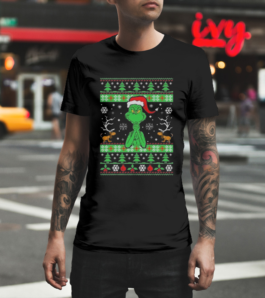 Grinch Santa Max Reindeer Trees Snowflakes Ugly Christmas T-Shirt