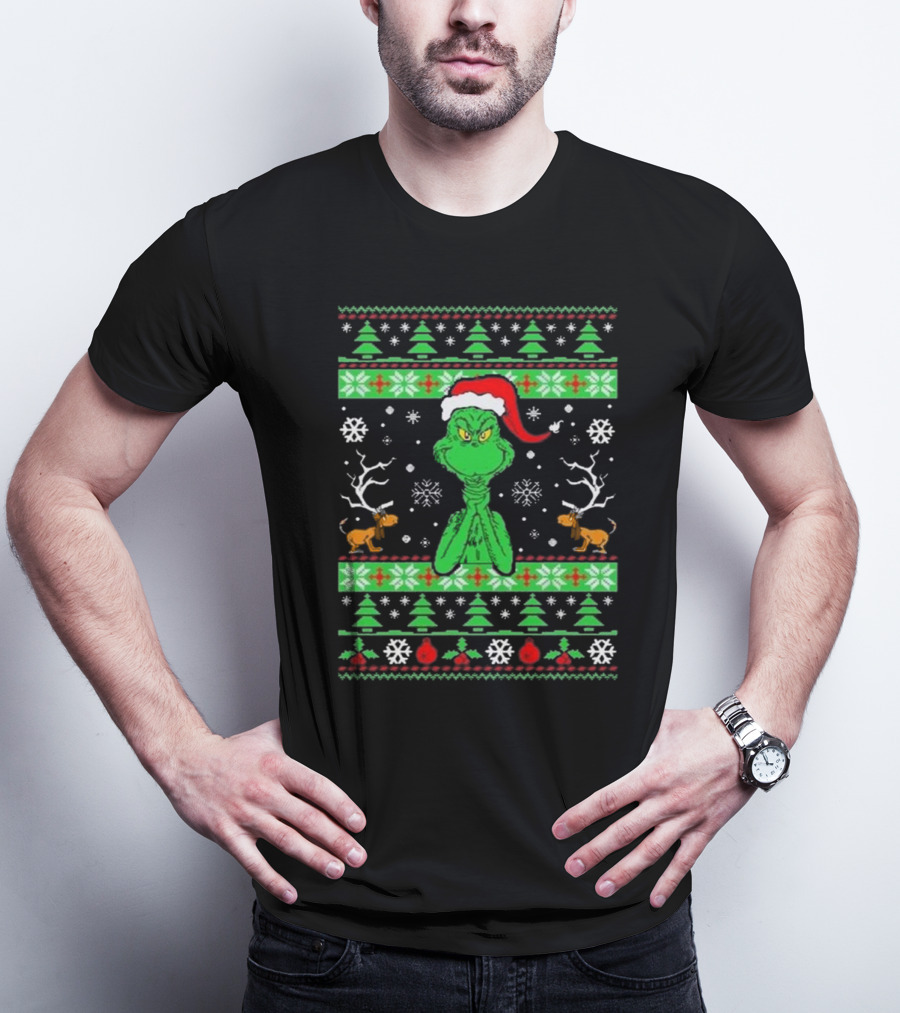 Grinch Santa Max Reindeer Trees Snowflakes Ugly Christmas T-Shirt