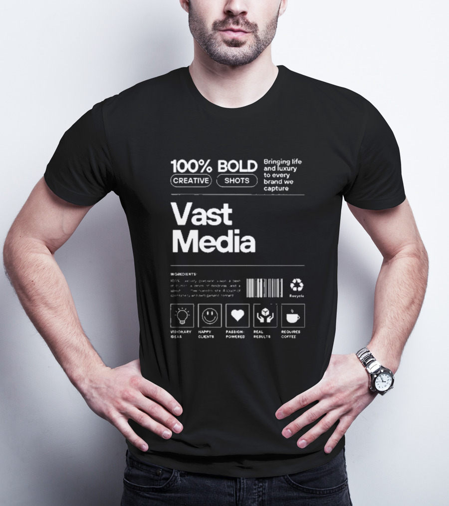 100% Bold Creative Shots Bringing Life And Luxury To Every Brand We Capture Vast Media Visionary Ideas Happy Clients Passion-Powered Real Results Requires Coffee T-Shirt