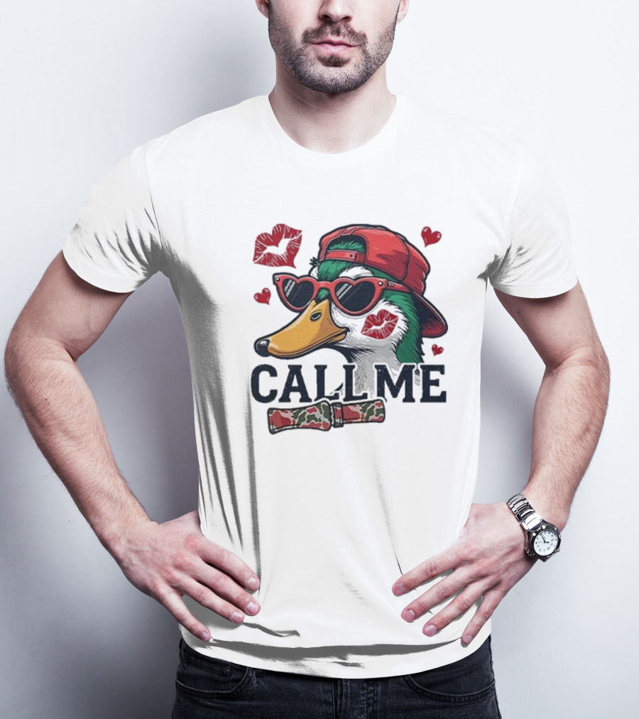 Call Me Valentine Mallard Duck In Sunglasses And Red Cap Surrounded By Hearts And Kisses T-Shirt