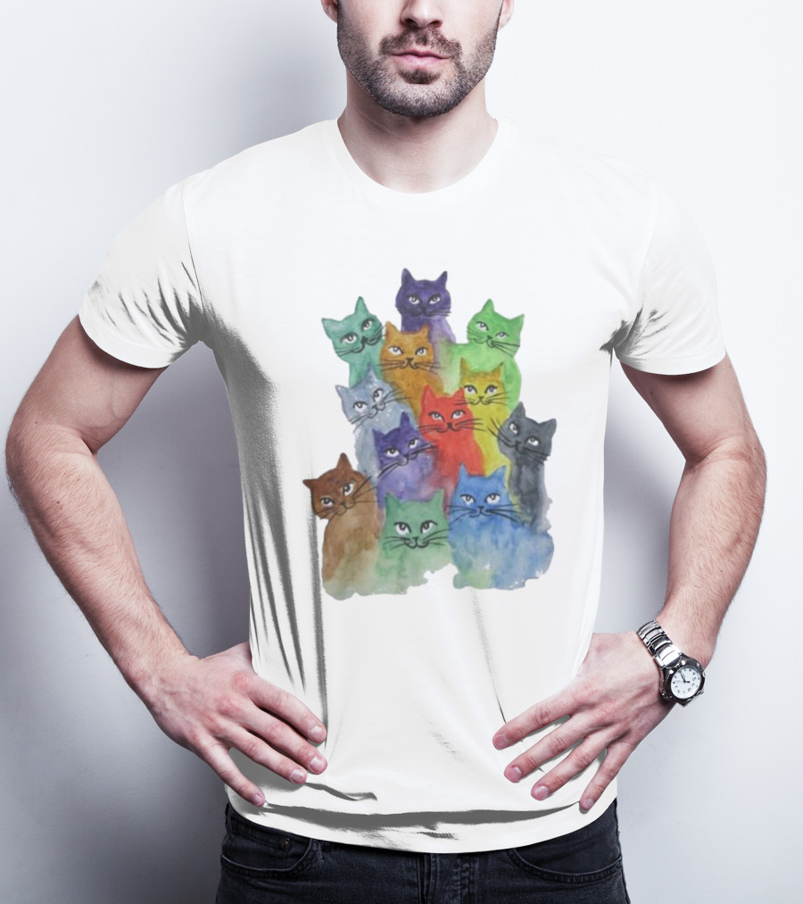 Cats All Around Colorful Watercolor Feline Faces T-Shirt