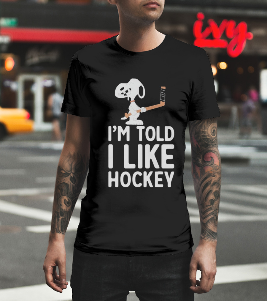 Snoopy I'm Told I Like Hockey Peanuts Comic Hockey Stick T-Shirt