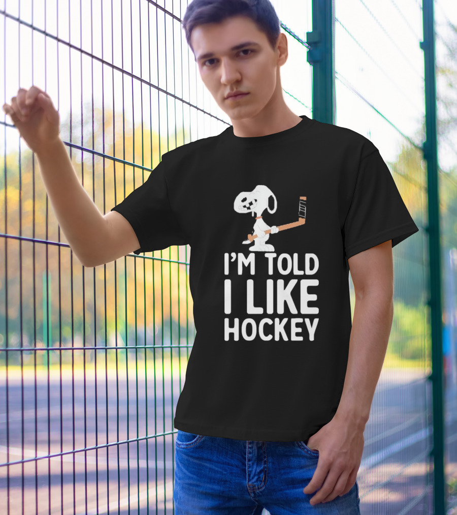 Snoopy I'm Told I Like Hockey Peanuts Comic Hockey Stick T-Shirt