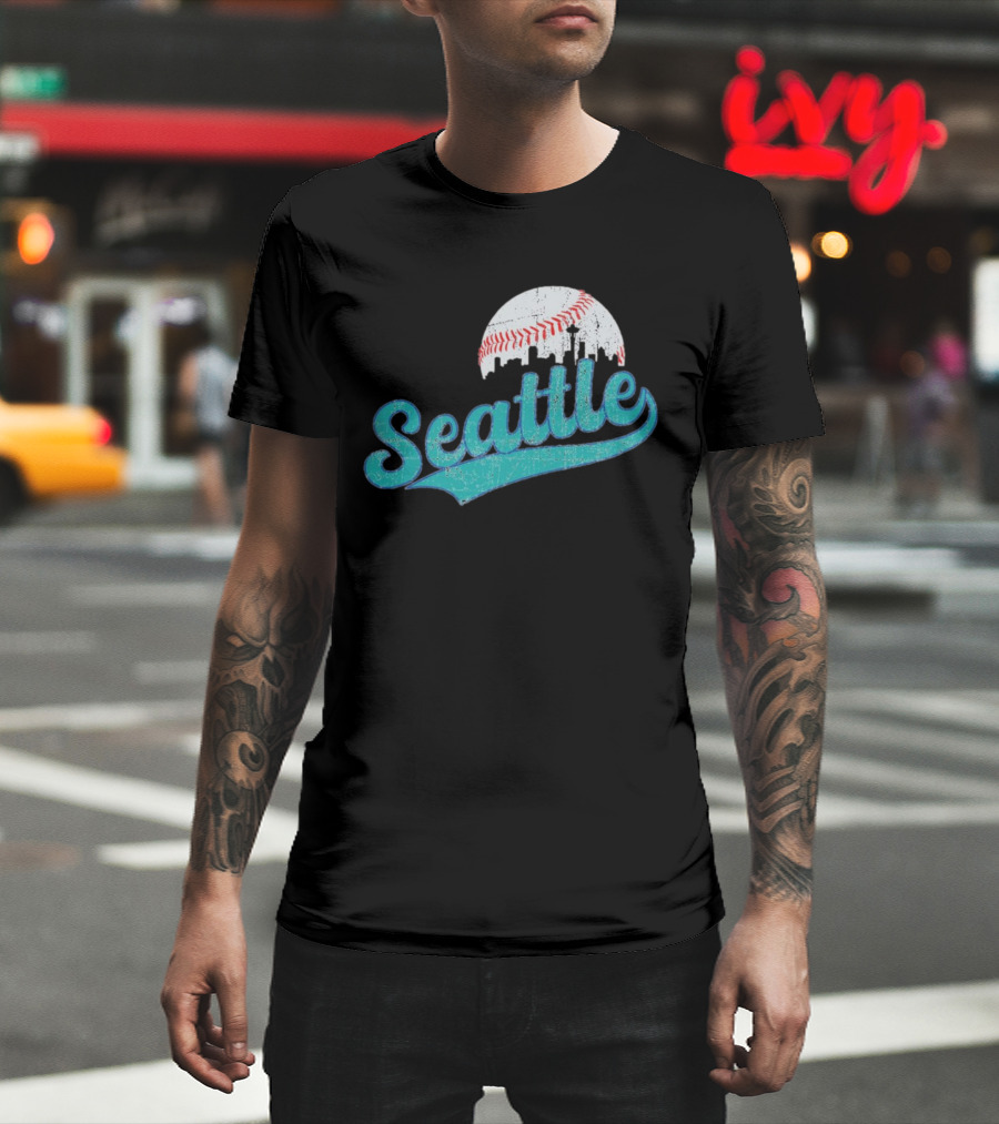 Seattle Vintage Skyline Retro Baseball T-Shirt