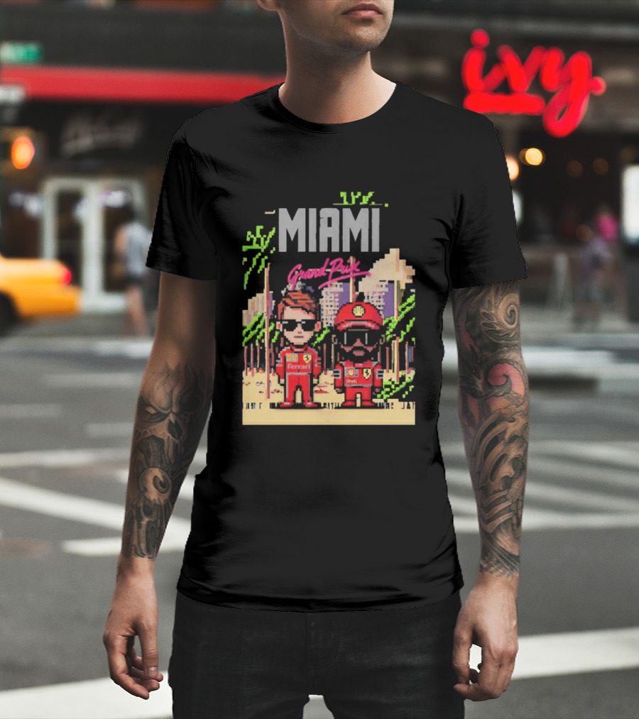Lewis Hamilton Charles Leclerc Ferrari Team Pixel Style Miami Grand Prix 2025 T-Shirt