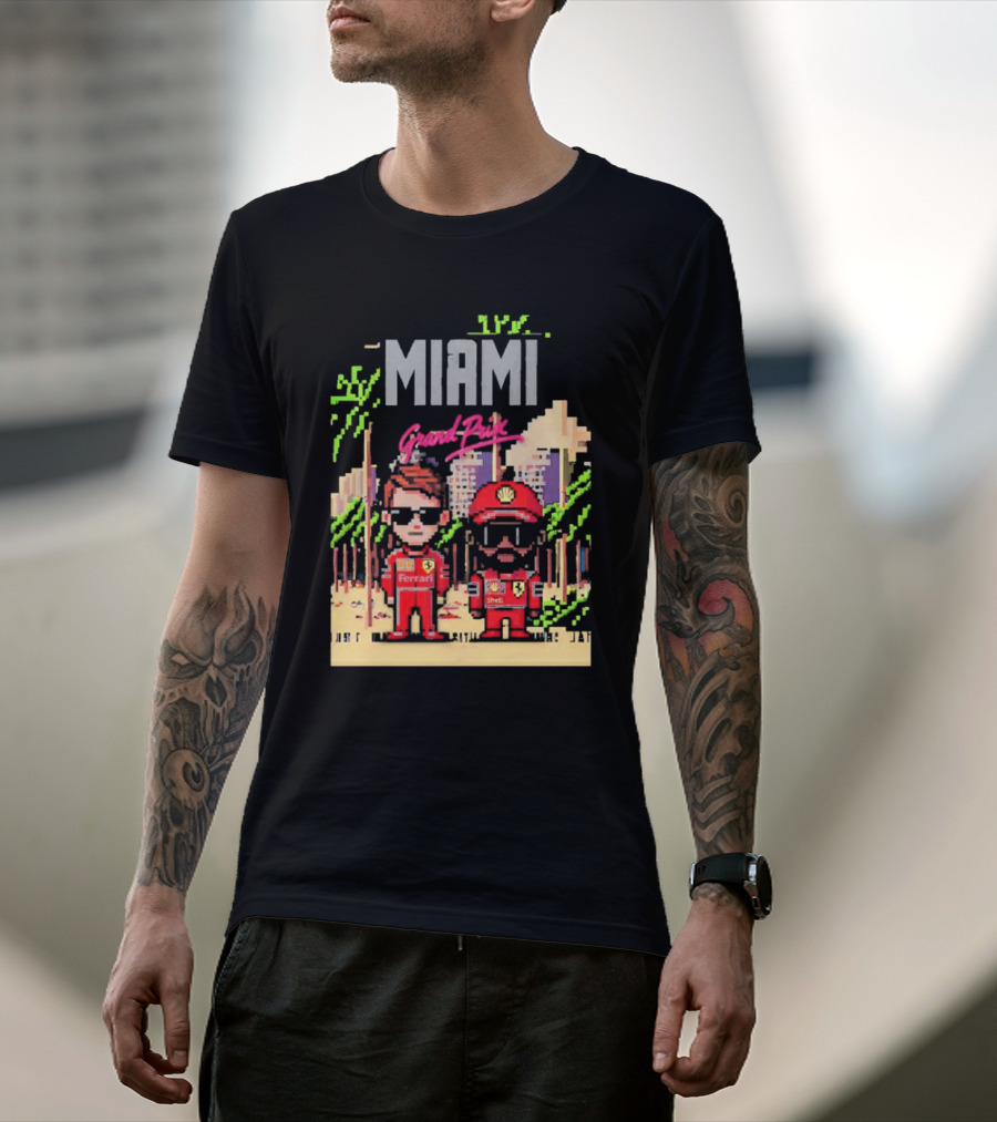Lewis Hamilton Charles Leclerc Ferrari Team Pixel Style Miami Grand Prix 2025 T-Shirt