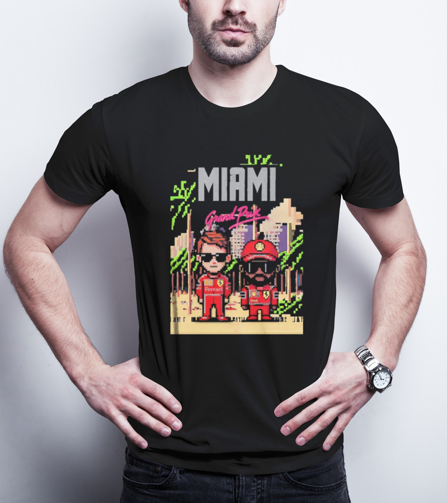 Lewis Hamilton Charles Leclerc Ferrari Team Pixel Style Miami Grand Prix 2025 T-Shirt