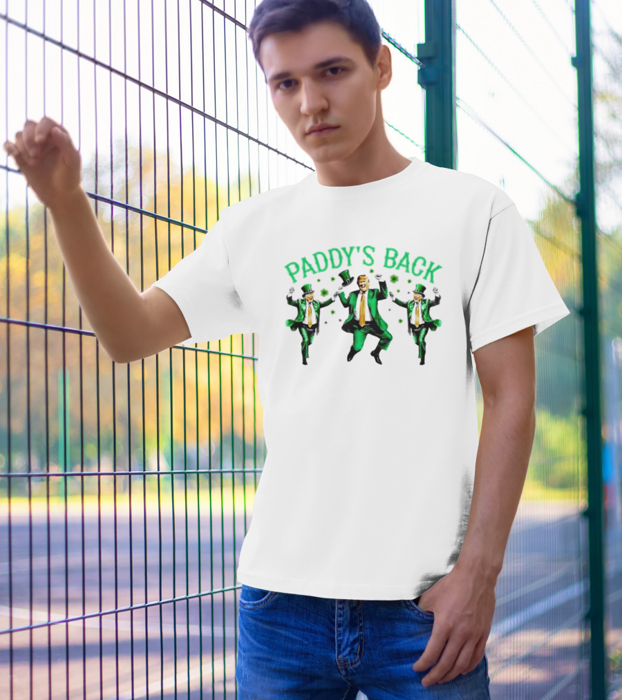 Paddy's Back St Patrick's Day Dancing Figures In Green Suit And Top Hat T-Shirt