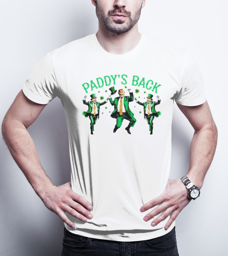 Paddy's Back St Patrick's Day Dancing Figures In Green Suit And Top Hat T-Shirt