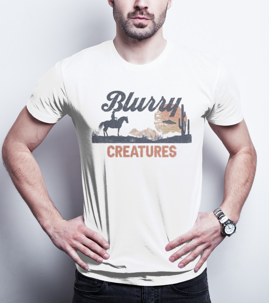 Blurry Creatures UFO Desert Cowboy Cactus Scene T-Shirt