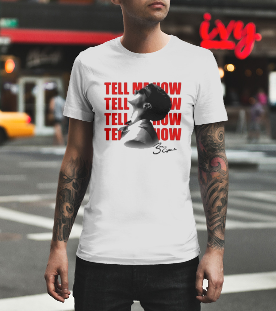 Tell Me How Ben Rodrigues Signature Black And White Artistic Portrait With Repeated Text In Eye-Catching Red Style T-Shirt