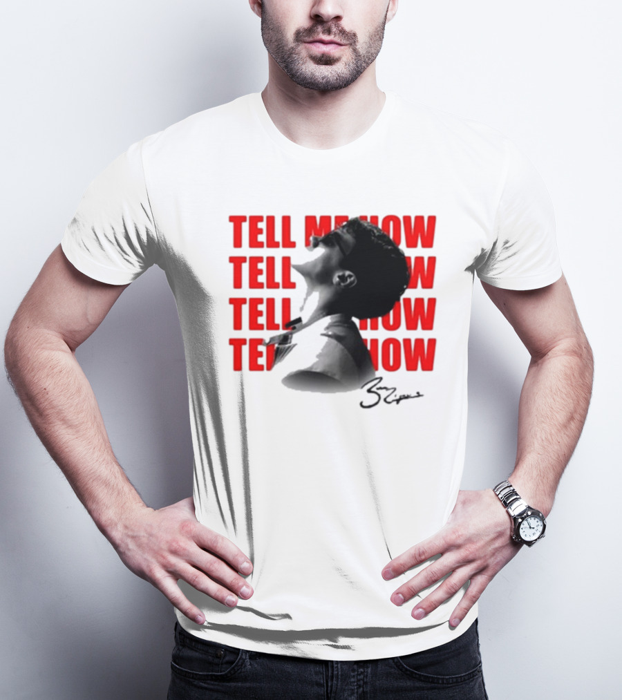 Tell Me How Ben Rodrigues Signature Black And White Artistic Portrait With Repeated Text In Eye-Catching Red Style T-Shirt