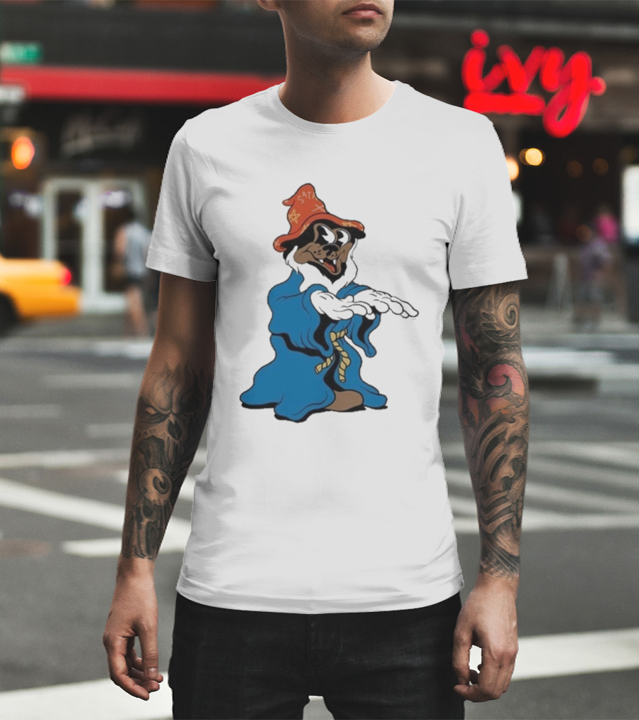 The Dudes It’s All Wavy Wizard Dog In Blue Robe With Orange Star Hat T-Shirt