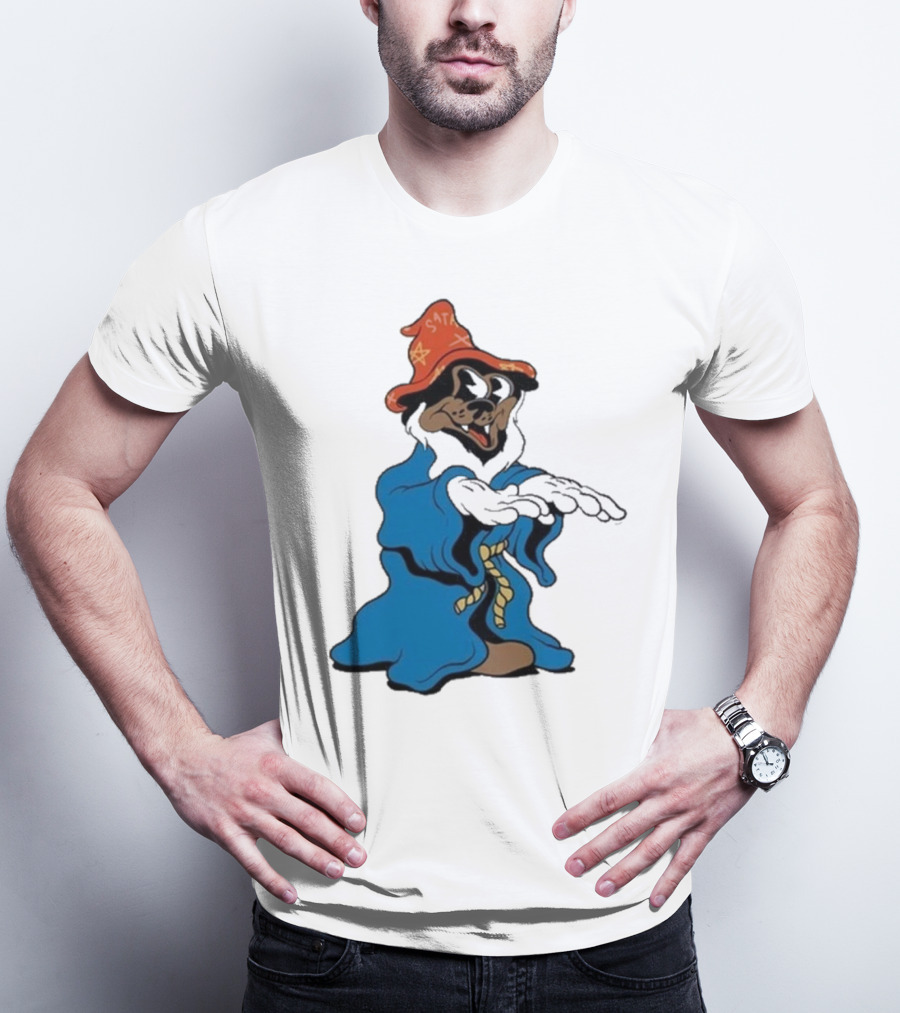 The Dudes It’s All Wavy Wizard Dog In Blue Robe With Orange Star Hat T-Shirt