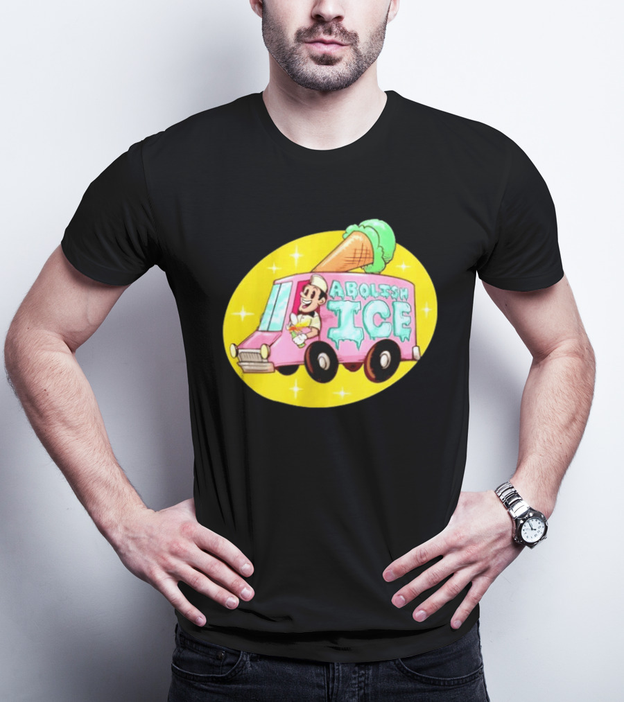 Abolish Ice Pink Ice Cream Truck With Melting Cone On Yellow T-Shirt