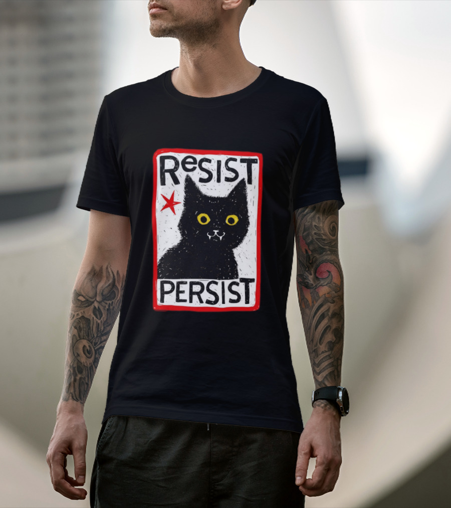 Resist Persist Black Cat Activism Red Star Empowerment T-Shirt