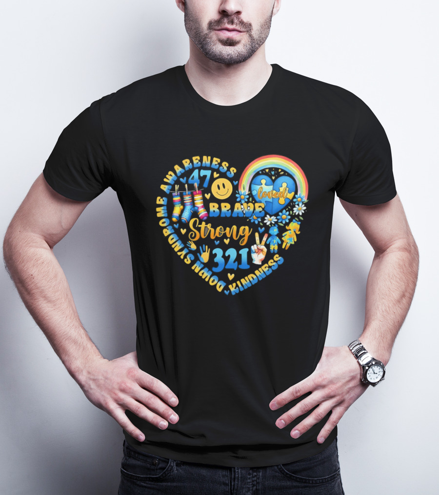 Brave Strong 321 Down Syndrome Awareness Heart Rainbow Puzzle Socks Loved T-Shirt