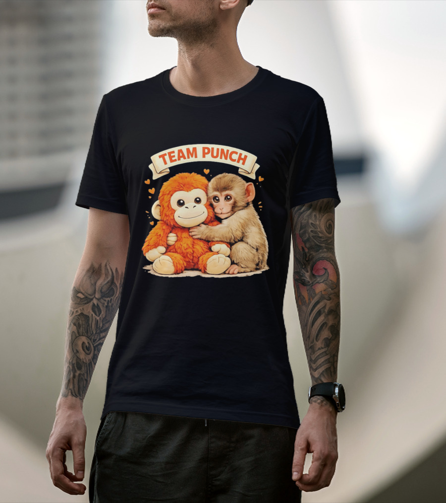 Team Punch Cute Baby Monkey Hugging Orange Plush Toy Charming Japanese Style Hearts T-Shirt