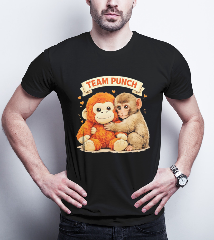 Team Punch Cute Baby Monkey Hugging Orange Plush Toy Charming Japanese Style Hearts T-Shirt