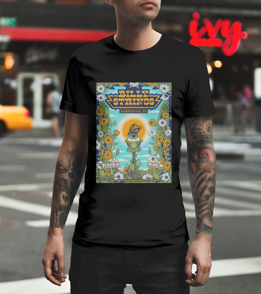 Billy Strings Nashville TN Bridgestone Arena Ryman Auditorium February 2026 Butterfly Flowers T-Shirt