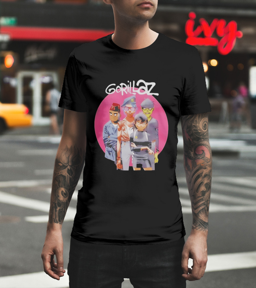 Gorillaz Humanz Group Characters On Pink T-Shirt
