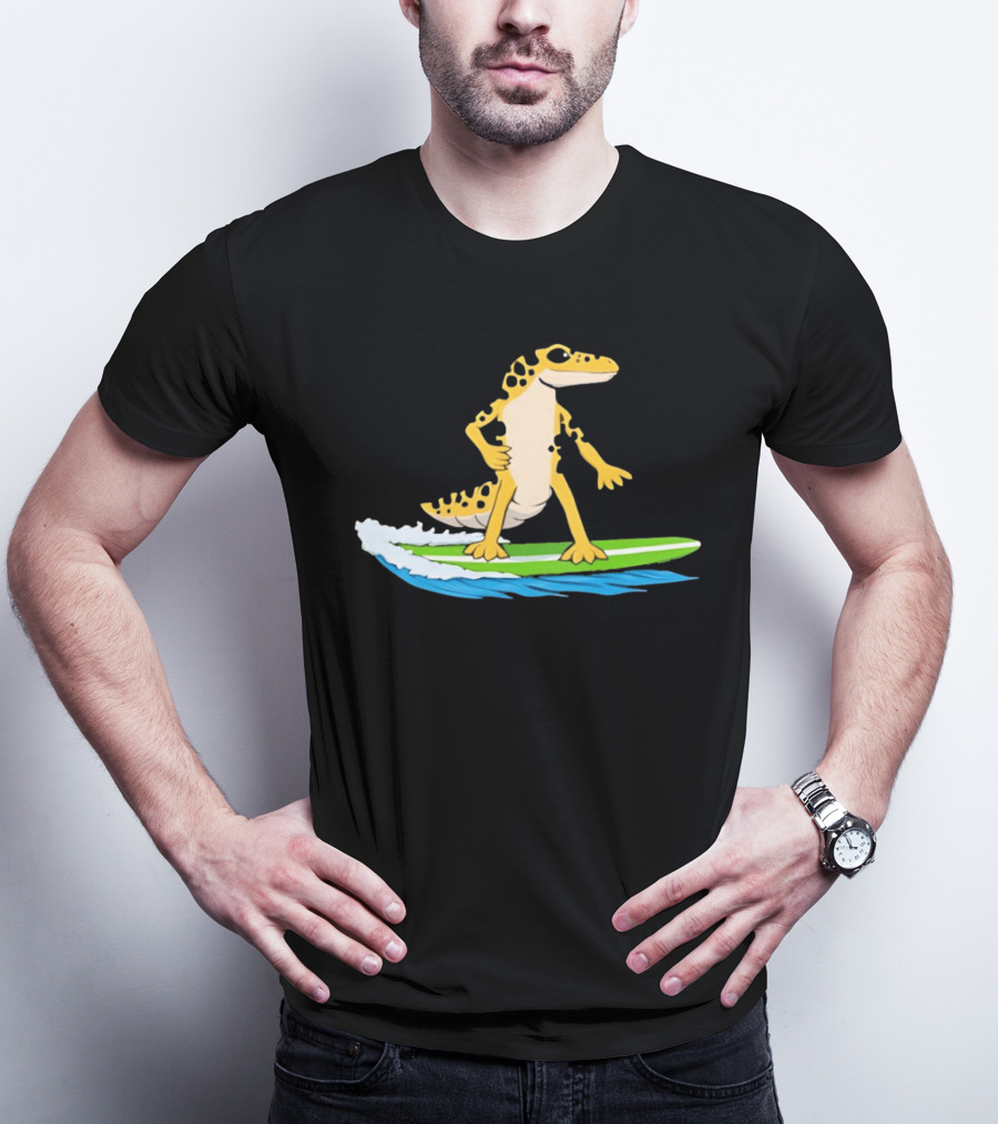 Leopard Gecko Yellow Lizard Riding Surfboard T-Shirt