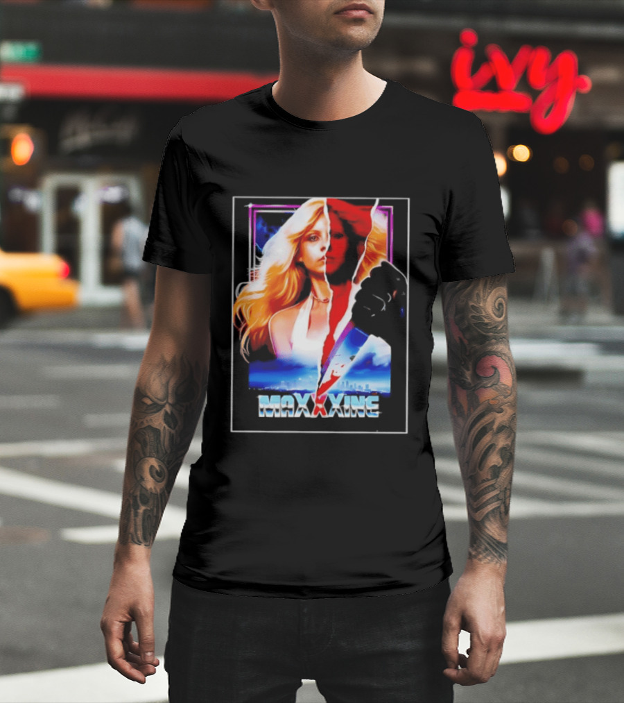 MaXXXine Mia Goth Horror Movie Knife Urban Skyline T-Shirt