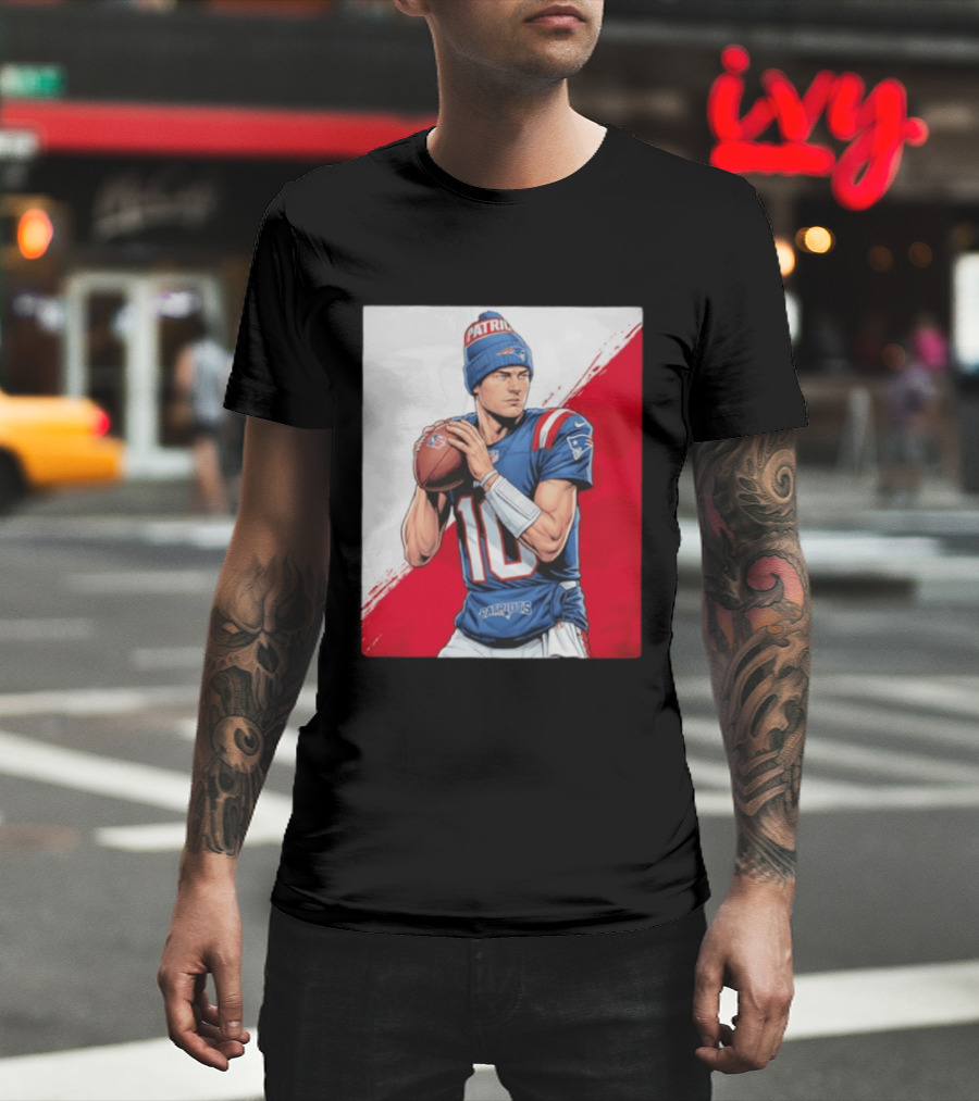 New England Patriots Number 10 Quarterback Throwing Football Beanie T-Shirt