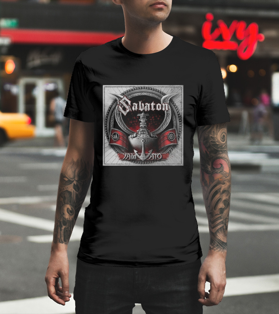 Sabaton Yamato Battleship Artwork With Red And Black Accents T-Shirt