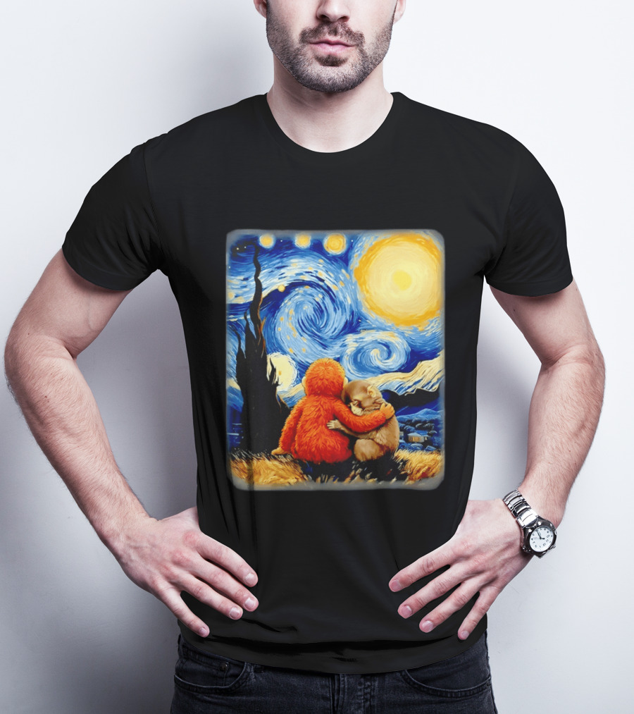 Punch Kun Panchi Kun Van Gogh Monkey Punch Starry Night Hugging Scene T-Shirt