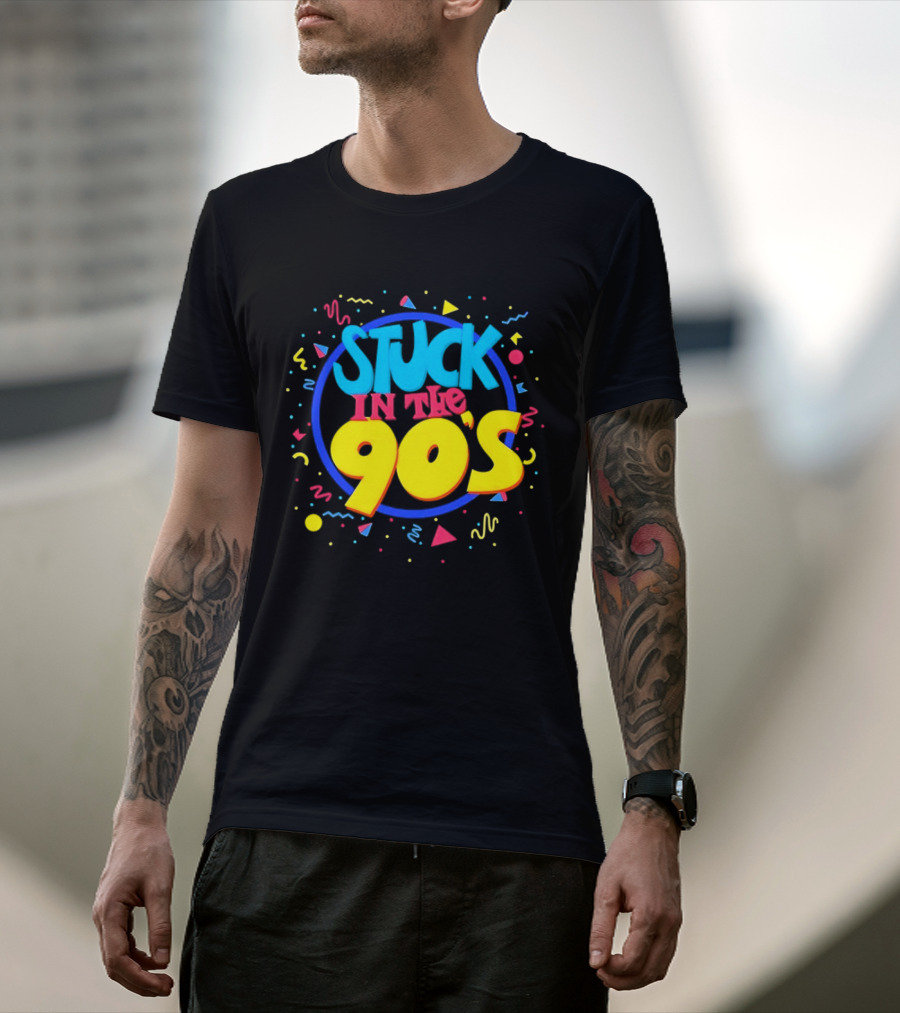 Stuck In The 90s Colorful Retro Vibes With Bold Typography And 90s T-Shirt