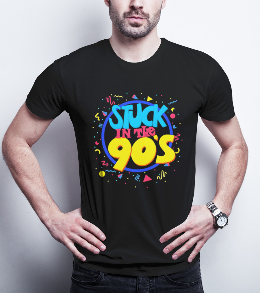 Stuck In The 90s Colorful Retro Vibes With Bold Typography And 90s T-Shirt