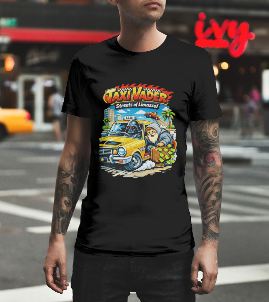 Taxi Vader Streets Of Limassol Adventure With Iconic Characters And Yellow Cab In Cityscape T-Shirt